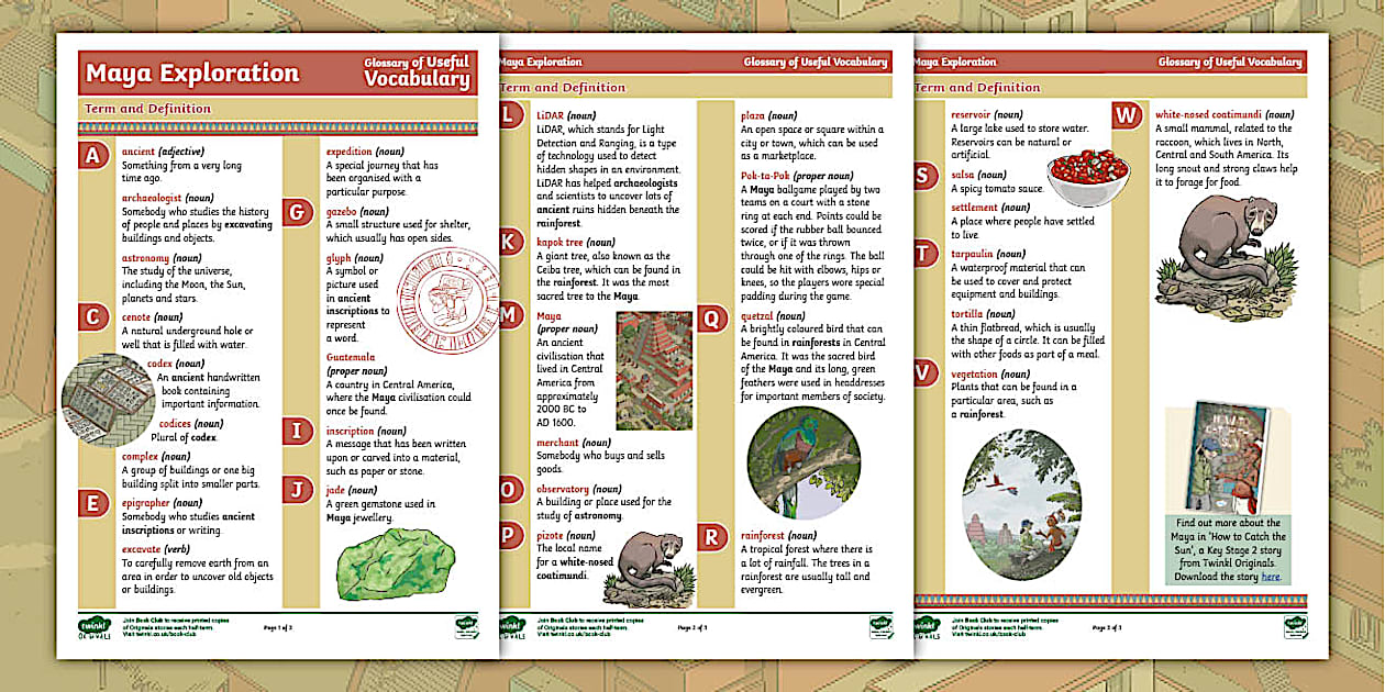 Maya Exploration KS2 Glossary of Useful Vocabulary - Twinkl